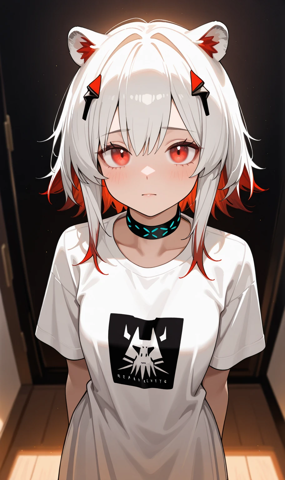 anime girl t-shirt, (Arknights:1.2), white hair, Bright red eyes ...