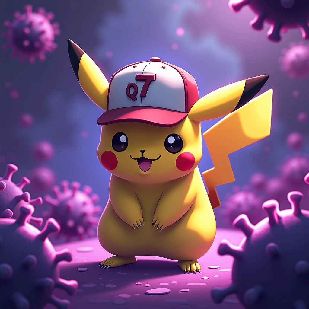 Pikachu with a cap that says "Q7 " In the middle of purple viruses ...