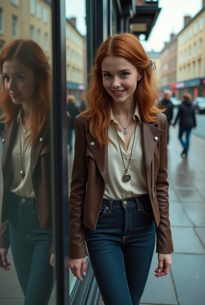 Close-up:** Lily’s reflection in a shop window, smiling eerily - SeaArt AI