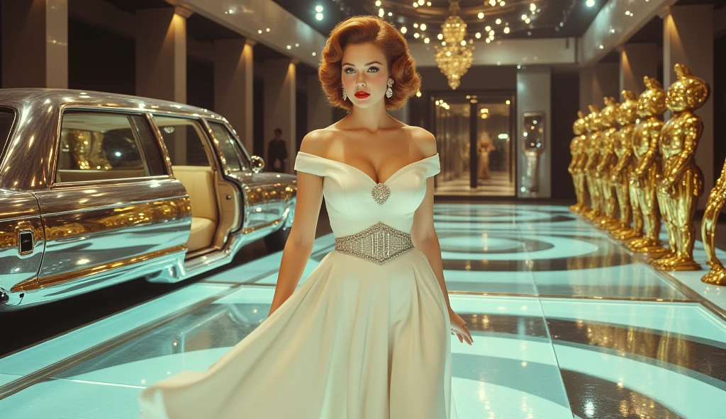 A dazzling woman in a pearl-white, off-shoulder gown with a cascading ...