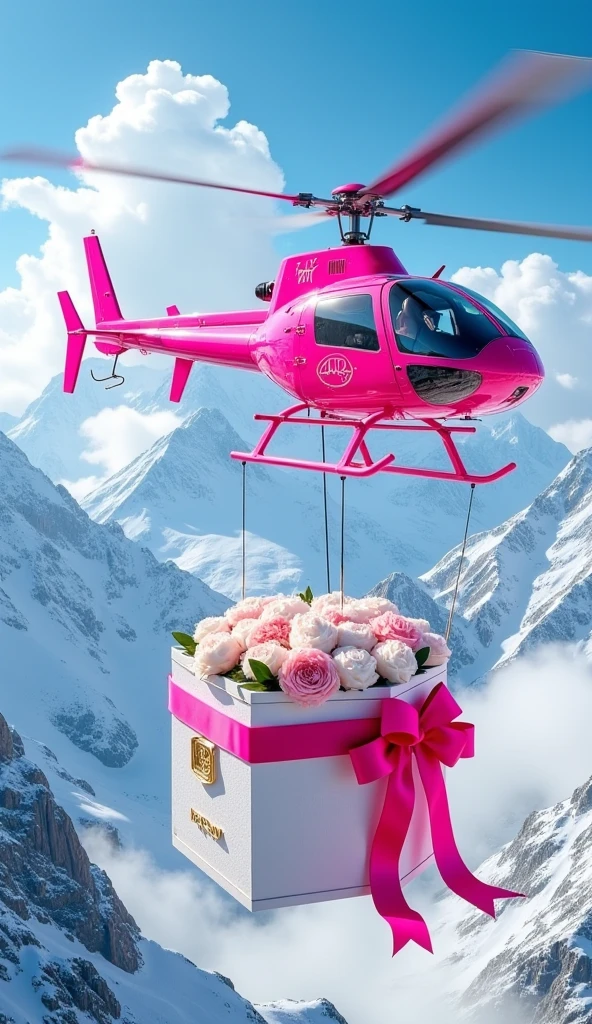 Stunning cinematic scene featuring a vibrant neon pink helicopter ...