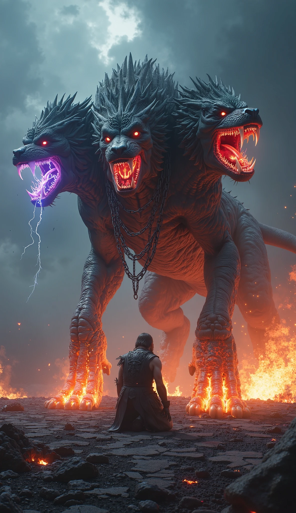 Araffe with a man sitting in front of a fire and lightning - SeaArt AI