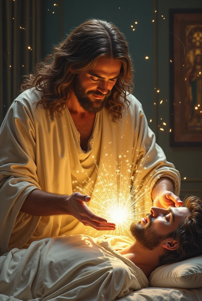 Jesus places his hands on a sick person in bed. A lot of bright shining ...