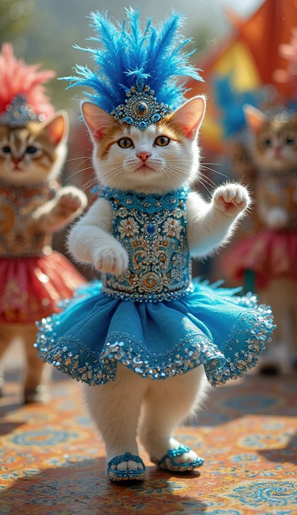 "A white and orange cat wearing a luxurious blue and silver battery ...