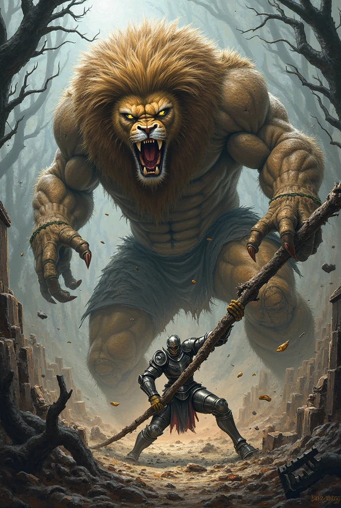 DND concept art of a giant loin wielding a big tree branch as a ...