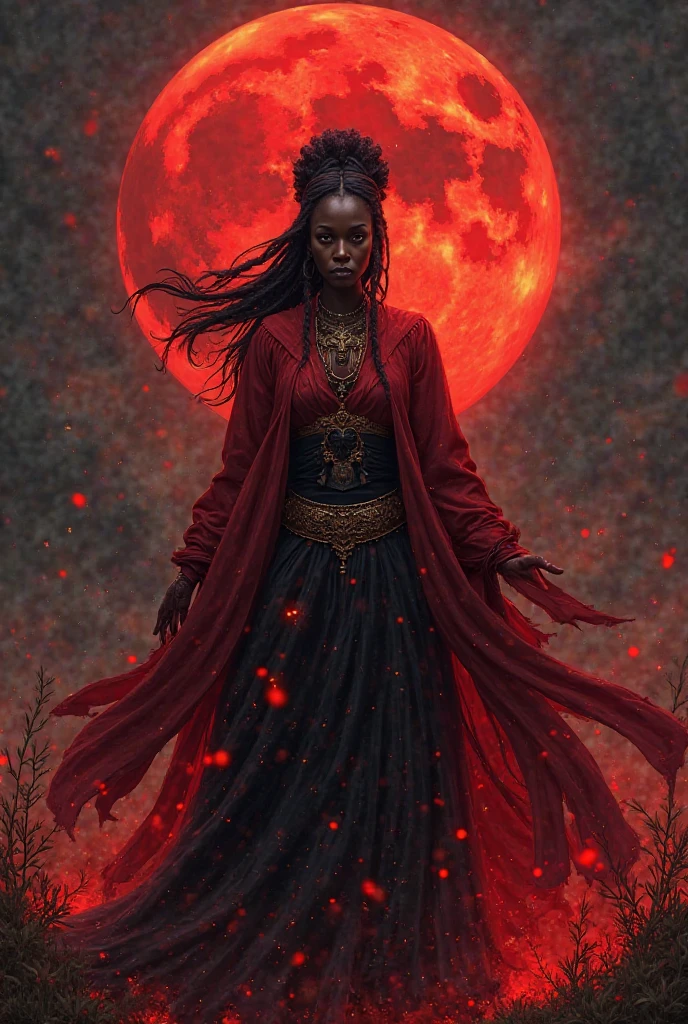 Beautiful african woman, in red and black mage robes, wielding blood ...