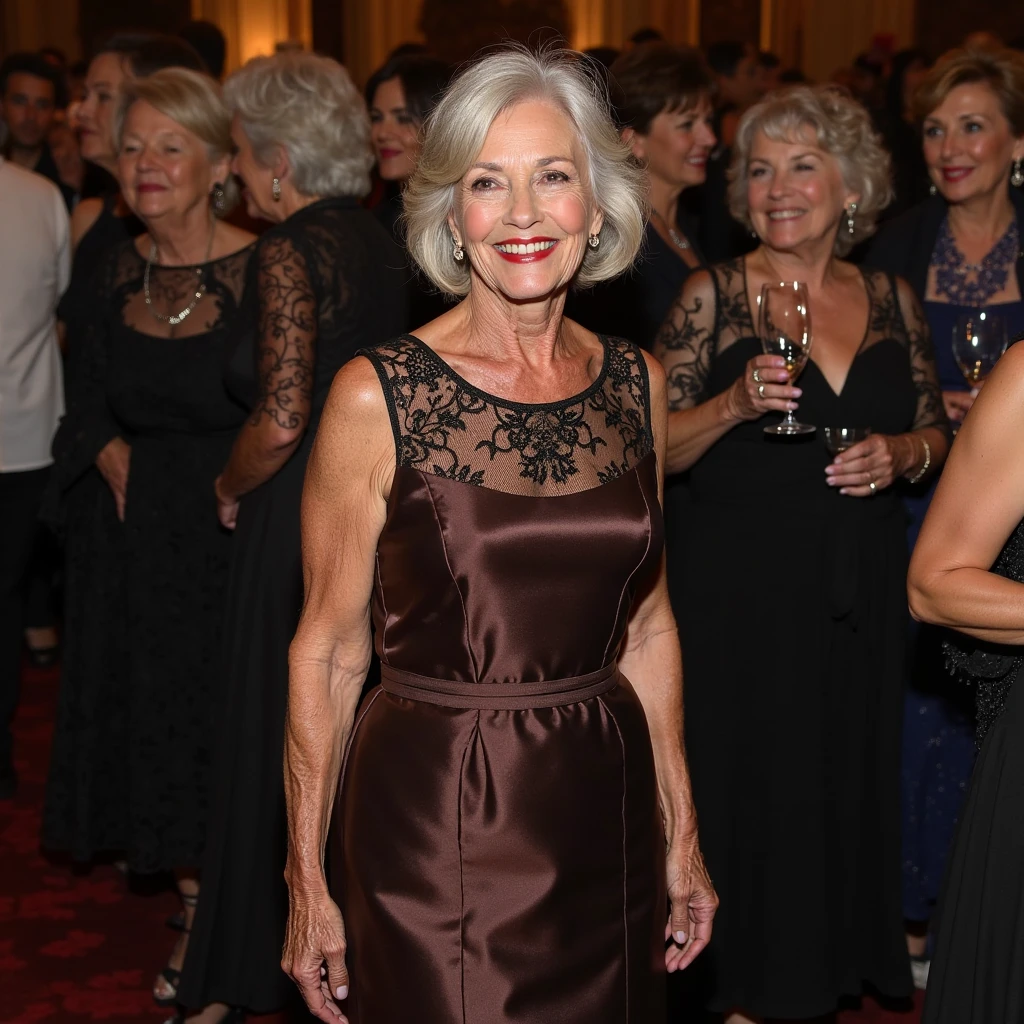 Full-length picture, elderly woman, she smiling broadly, posing ...