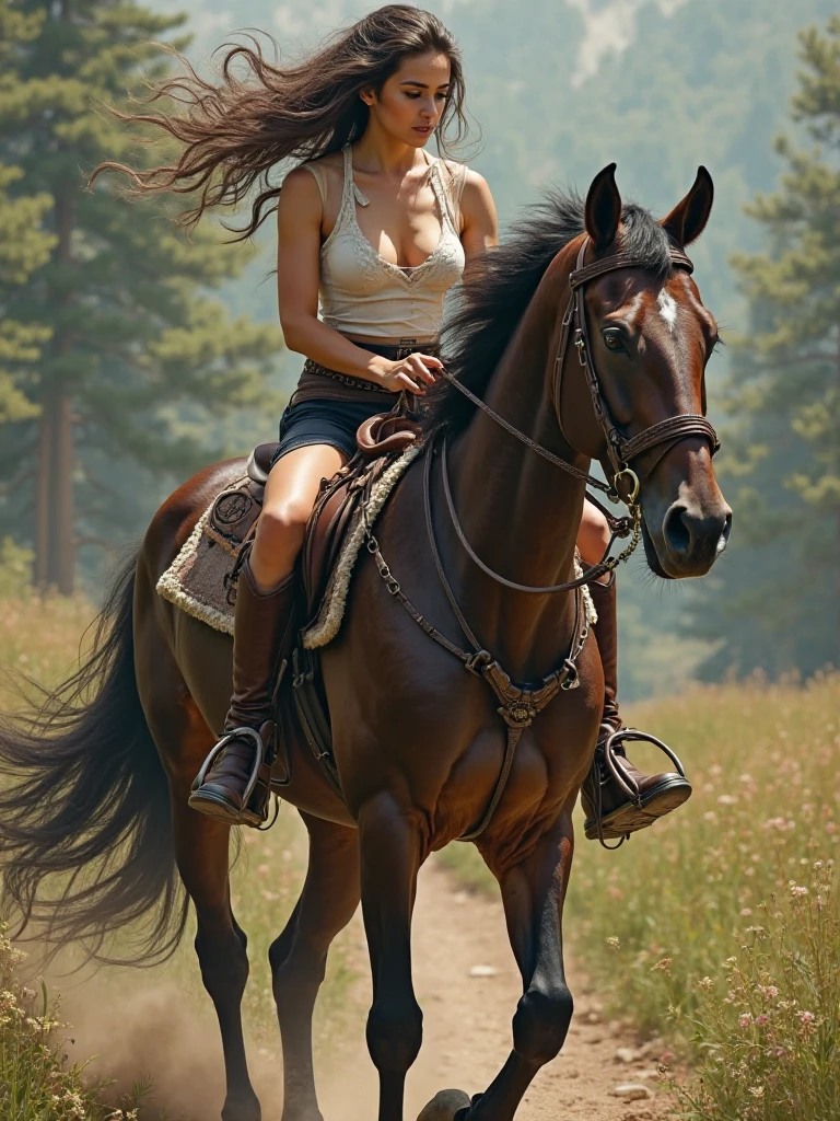 Rider sitting on horse, tight clothing, Riding boots , run big breasts - SeaArt AI