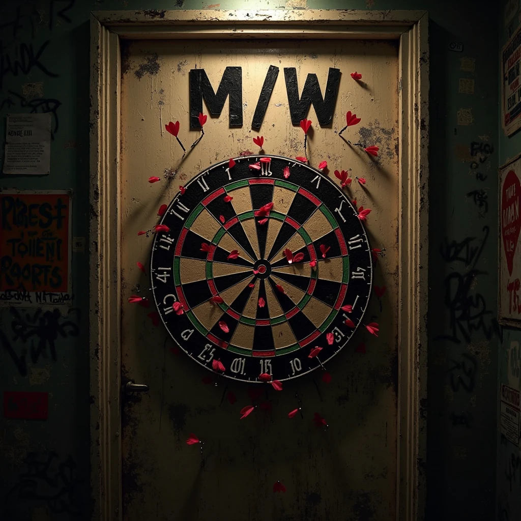 Darts_of_destiny.psd: Weathered dartboard, affixed askew to scuffed ...