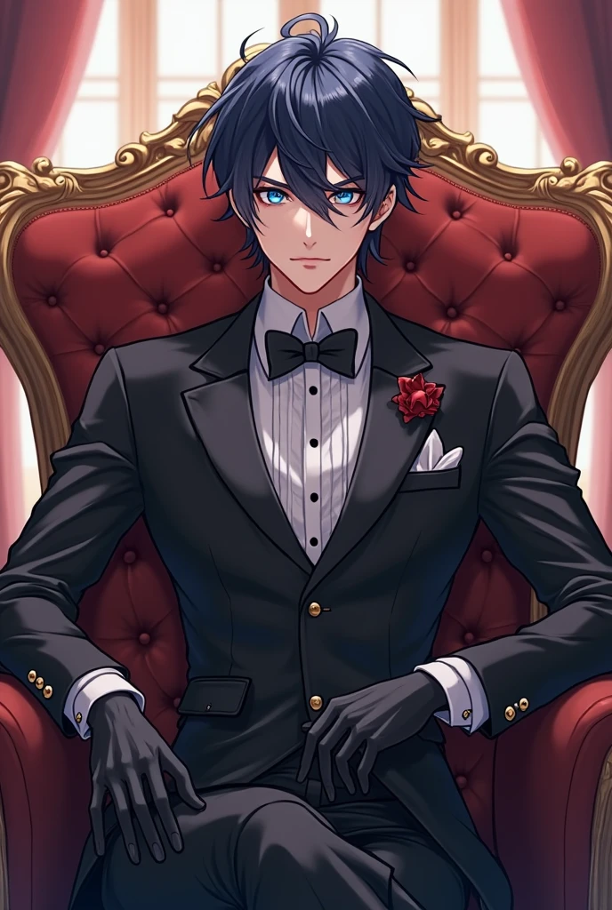 Anime man in a suit sitting in a chair with gloves on, a character ...