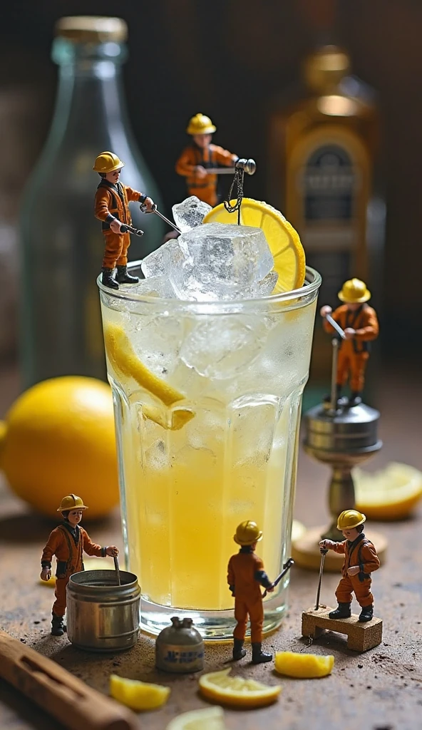 A short glass of caipivodka filled with ice, crushed lemons and a tiny ...