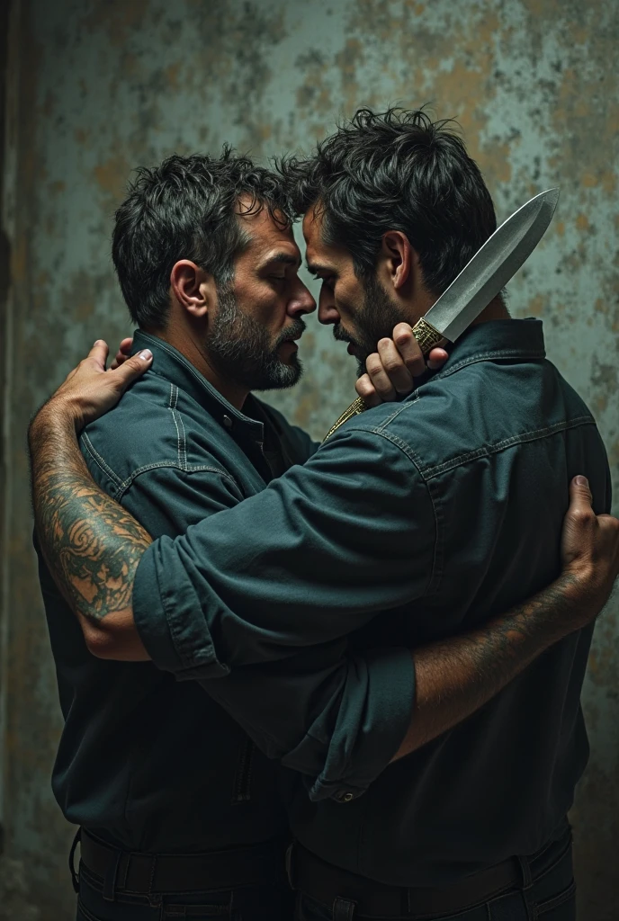 Man sticking a big knife to his best friend hugging him by the ...