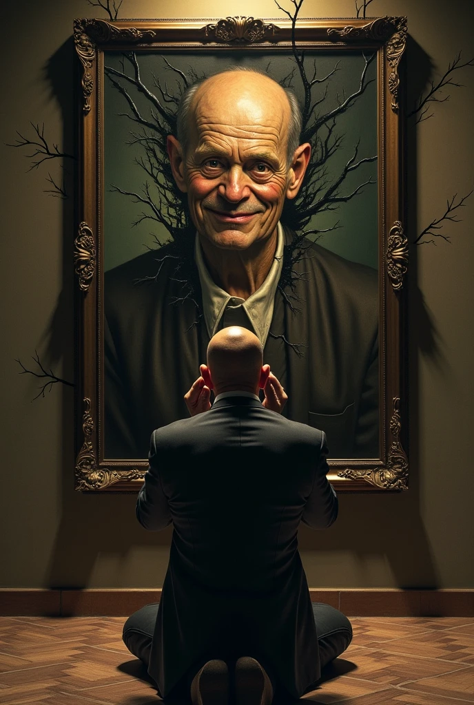 [Image of Basil Hallward kneeling in front of the portrait, with his ...