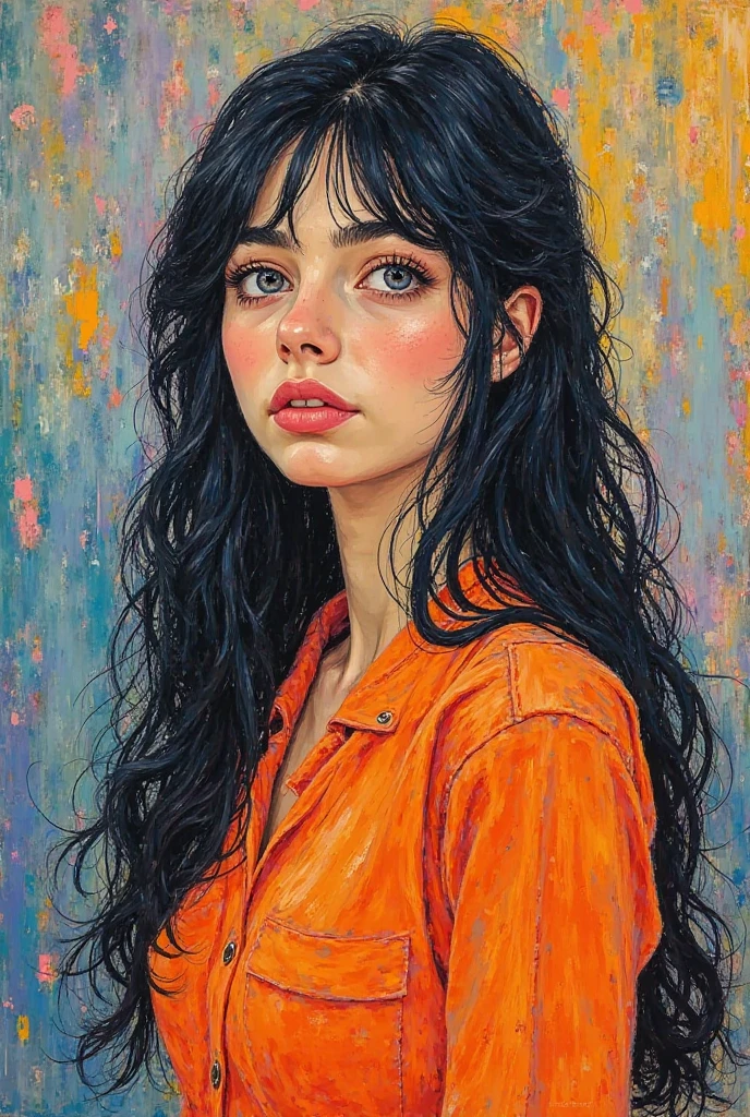 Paul Signac art style)). ((wearing a orange blouse, long pitch black ...