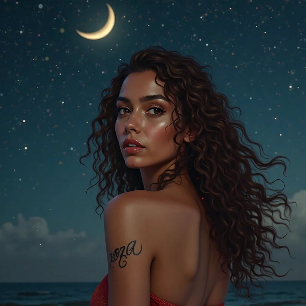 Maghreb woman with curly brown hair looking back and looking into the ...