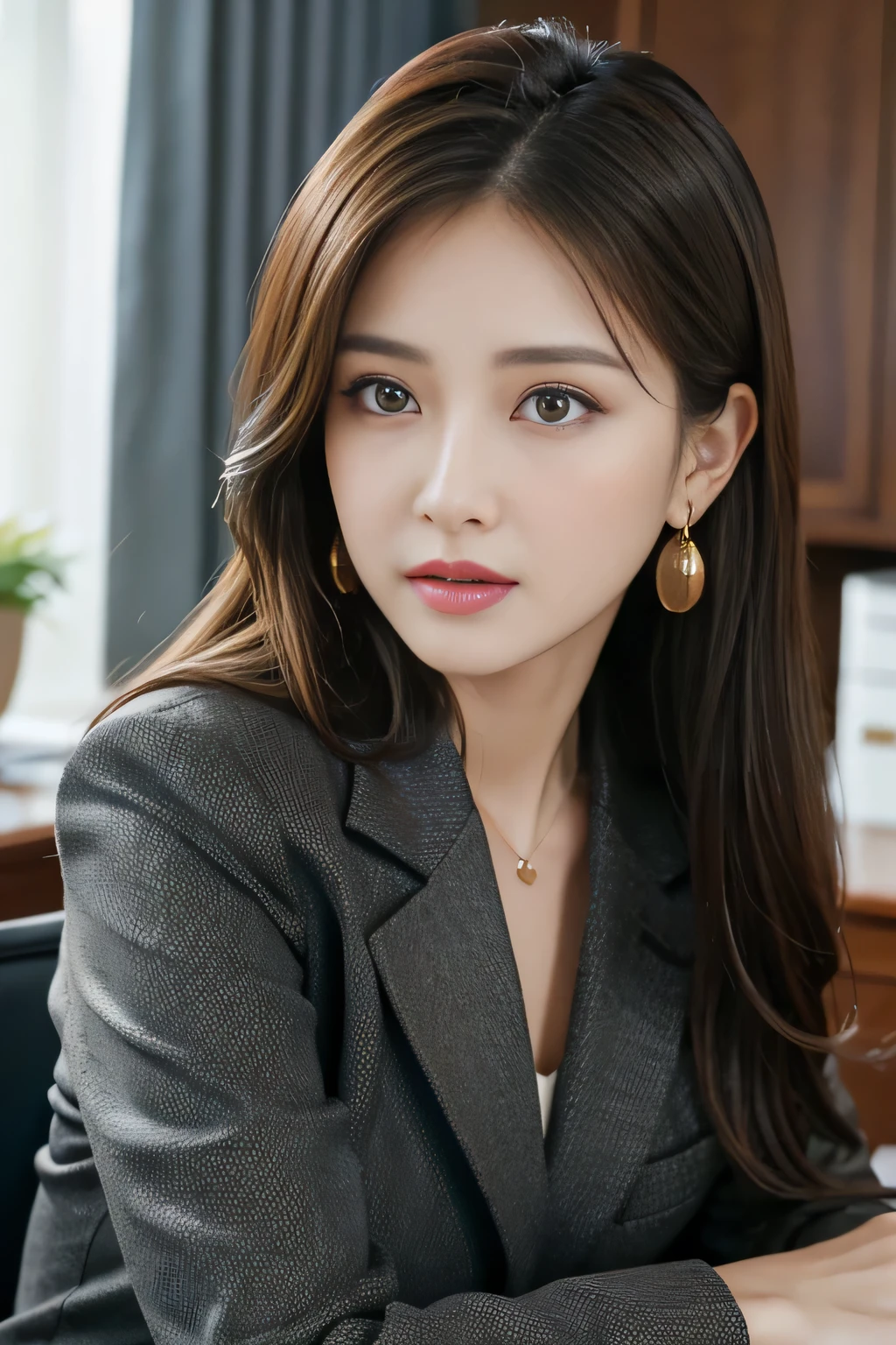 Arafed woman in a suit sitting at a desk with a laptop - SeaArt AI