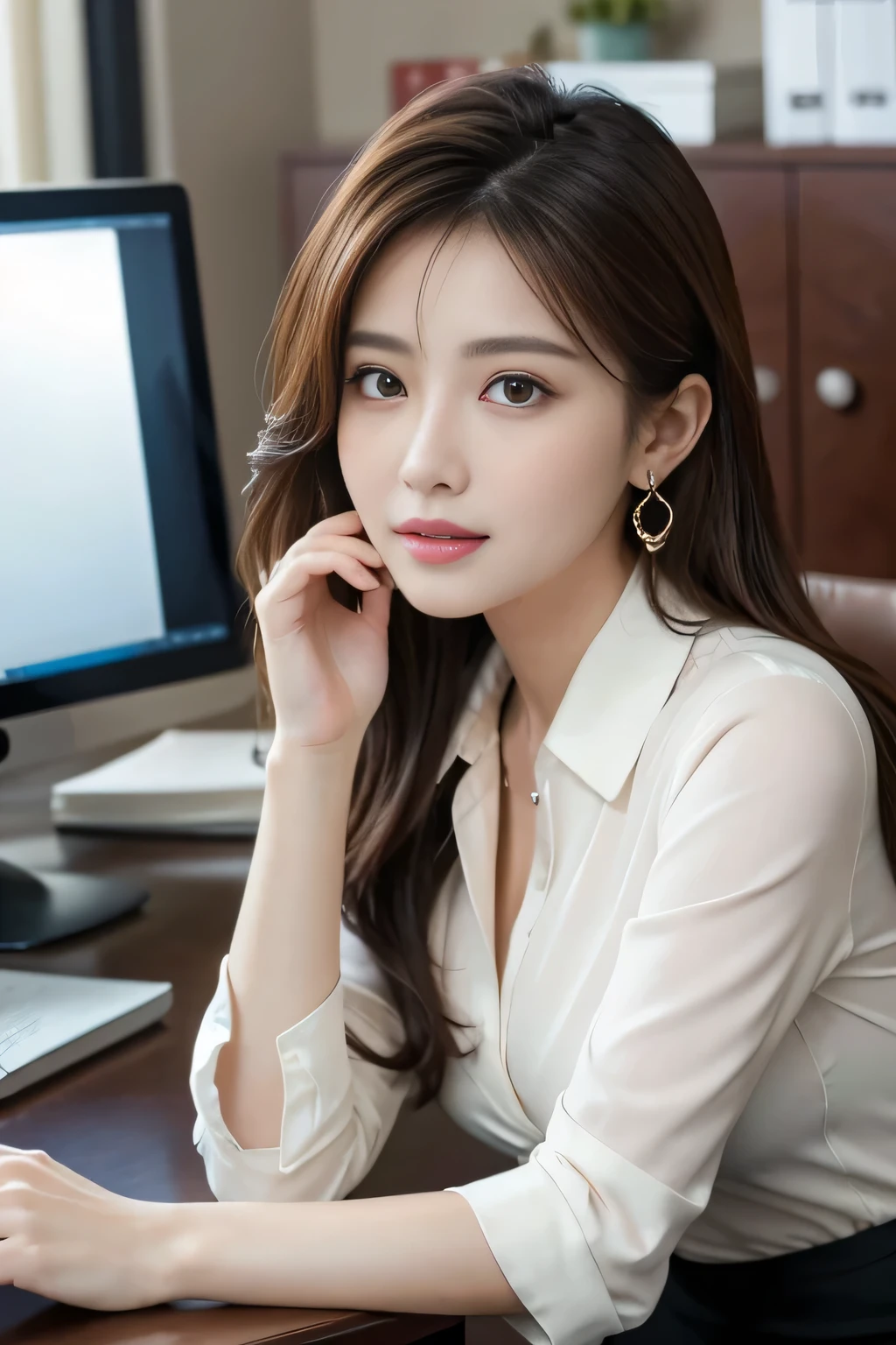 Arafed asian woman sitting at a desk with a computer - SeaArt AI