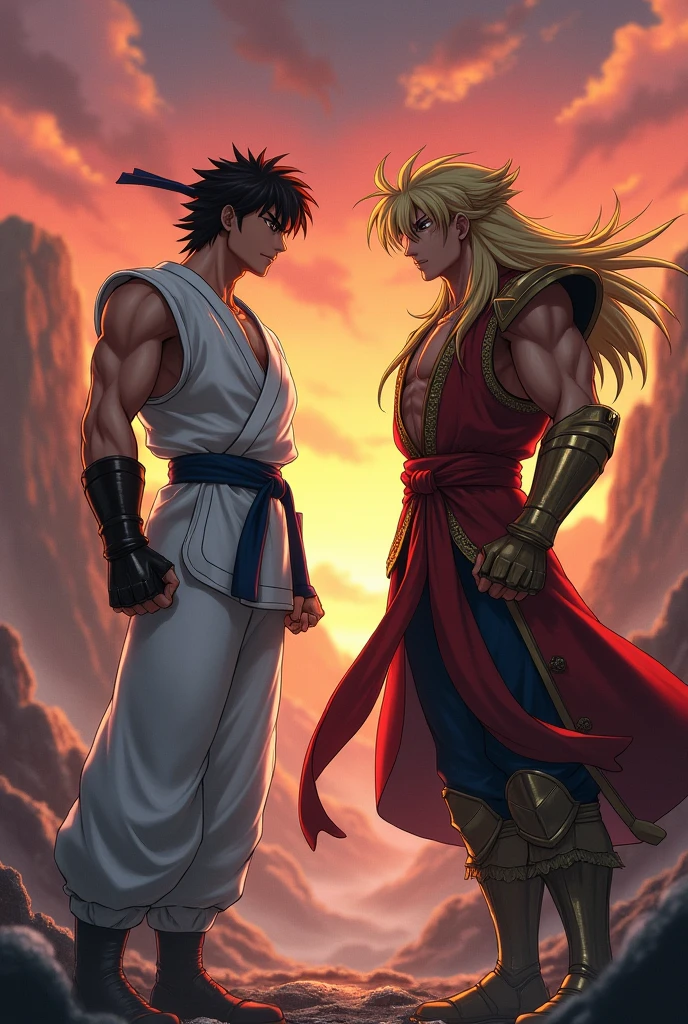 Create a realistic image of Ryu from Street Fight staring at Seiya from Pegasus - SeaArt AI