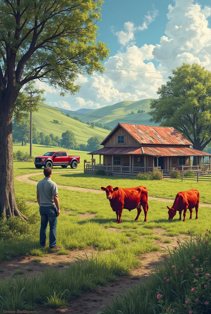 A red cow farm, a country house and a Ford Raptor a person watching ...