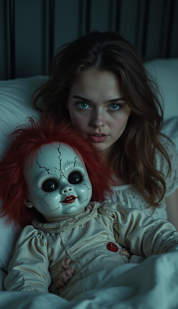 A young woman waking up in the middle of the night, with a scary ...