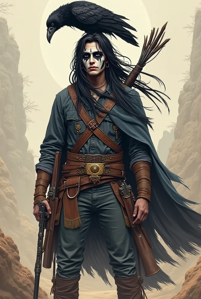 Indian gunslinger 20-year-old man , black hair and long, wearing a ...