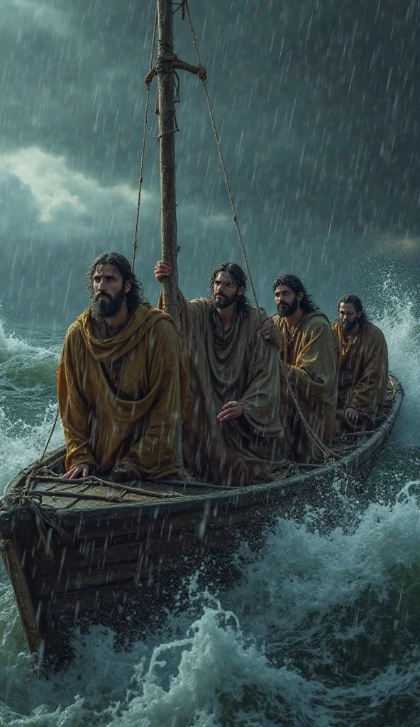 Ultra-realistic 4K image of disciples in a wooden boat, drenched by ...