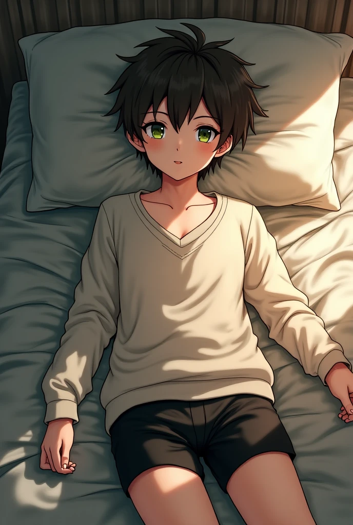 An effeminate boy with dark brown hair and green eyes, wearing only a v ...