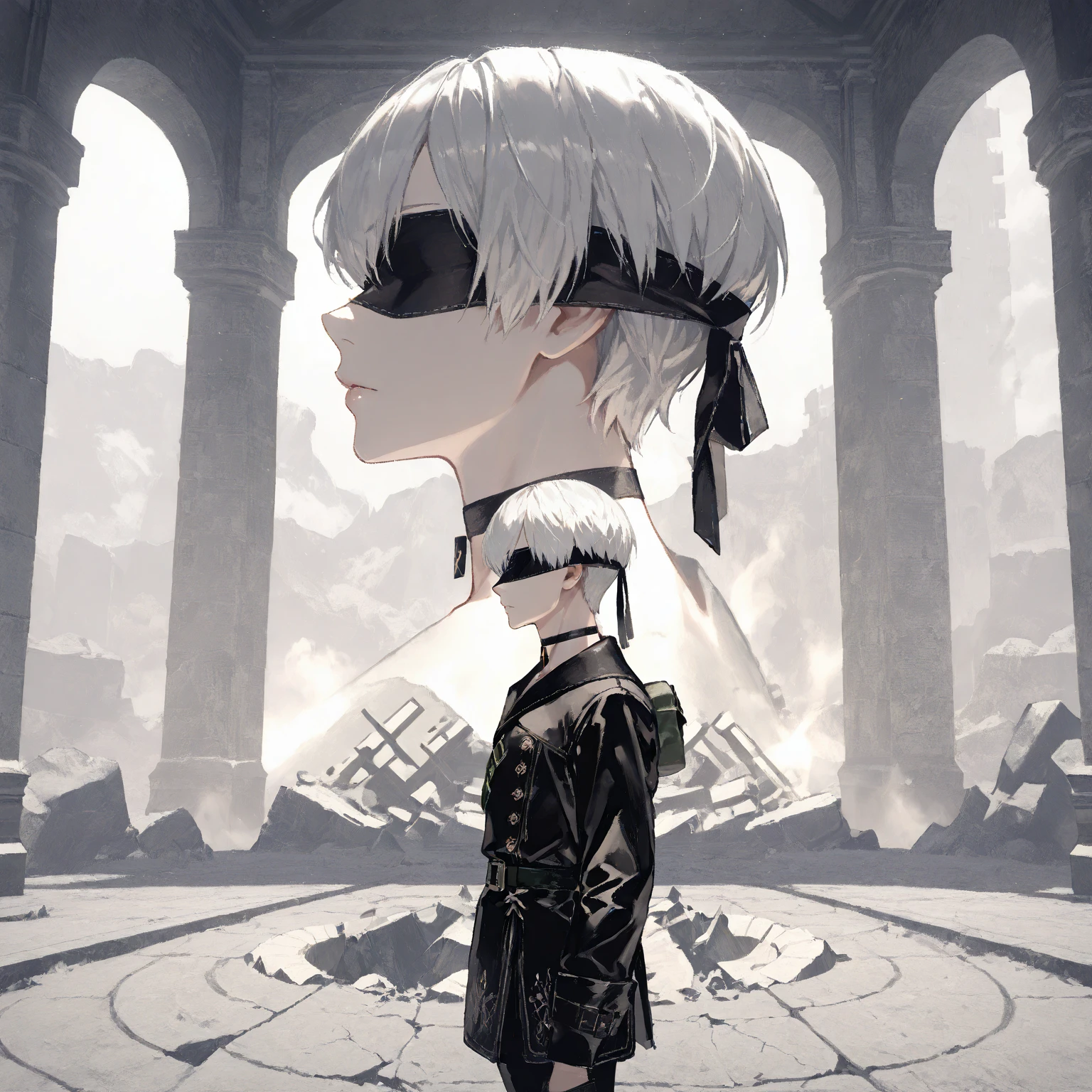 Masterpiece, best quality, 1man,solo, 9s,white hair,blindfold - SeaArt AI