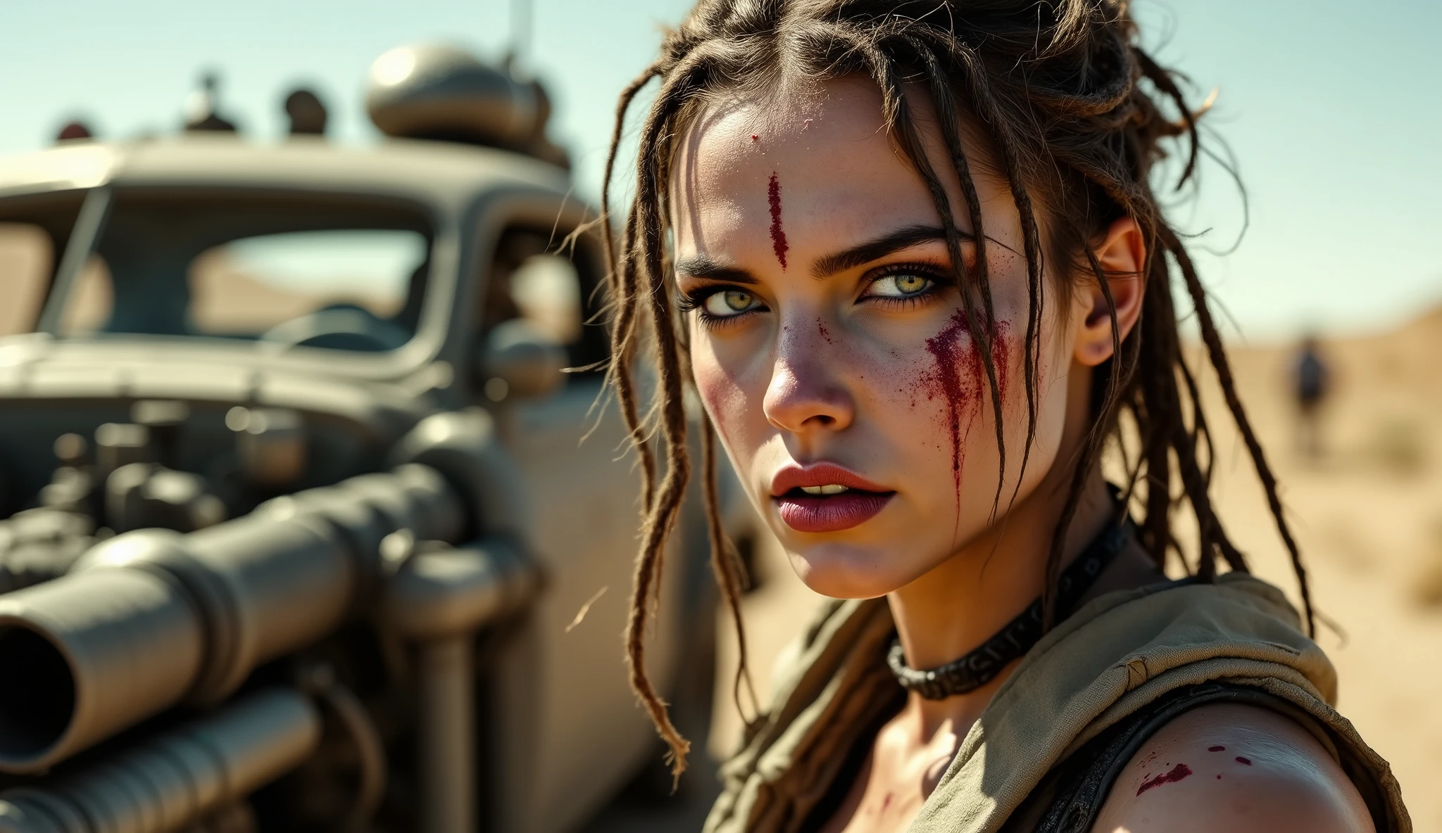 Arafed woman with dreads and blood on her face standing in front of a ...