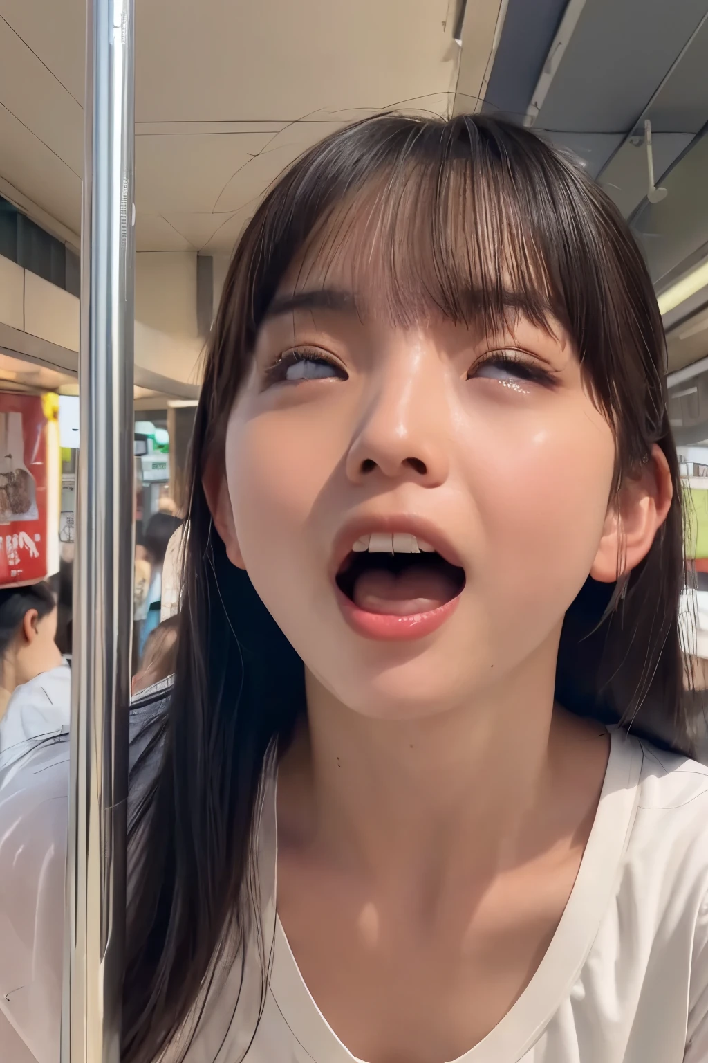 Araffed woman with long hair and white shirt on a subway - SeaArt AI