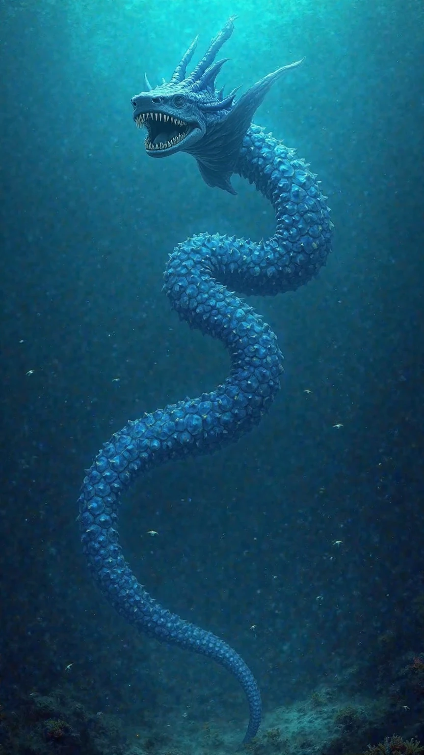 “A massive sea serpent, its long, sinuous body covered in shimmering ...