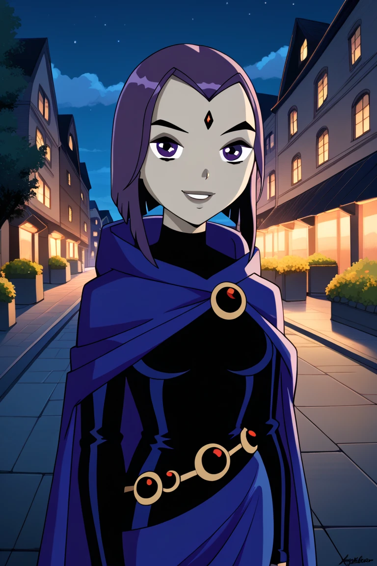 1girl, solo, raven (dc), purple eyes, smile, purple hair, grey skin ...