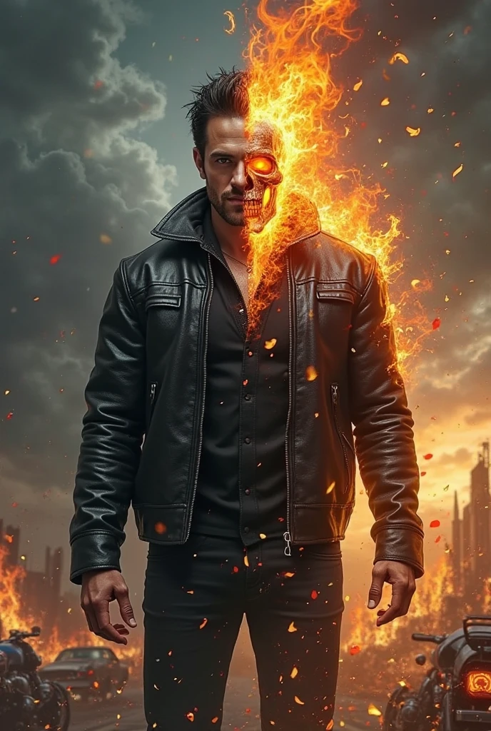 "Illustrate a split-personality portrait of Johnny Blaze and the Ghost ...