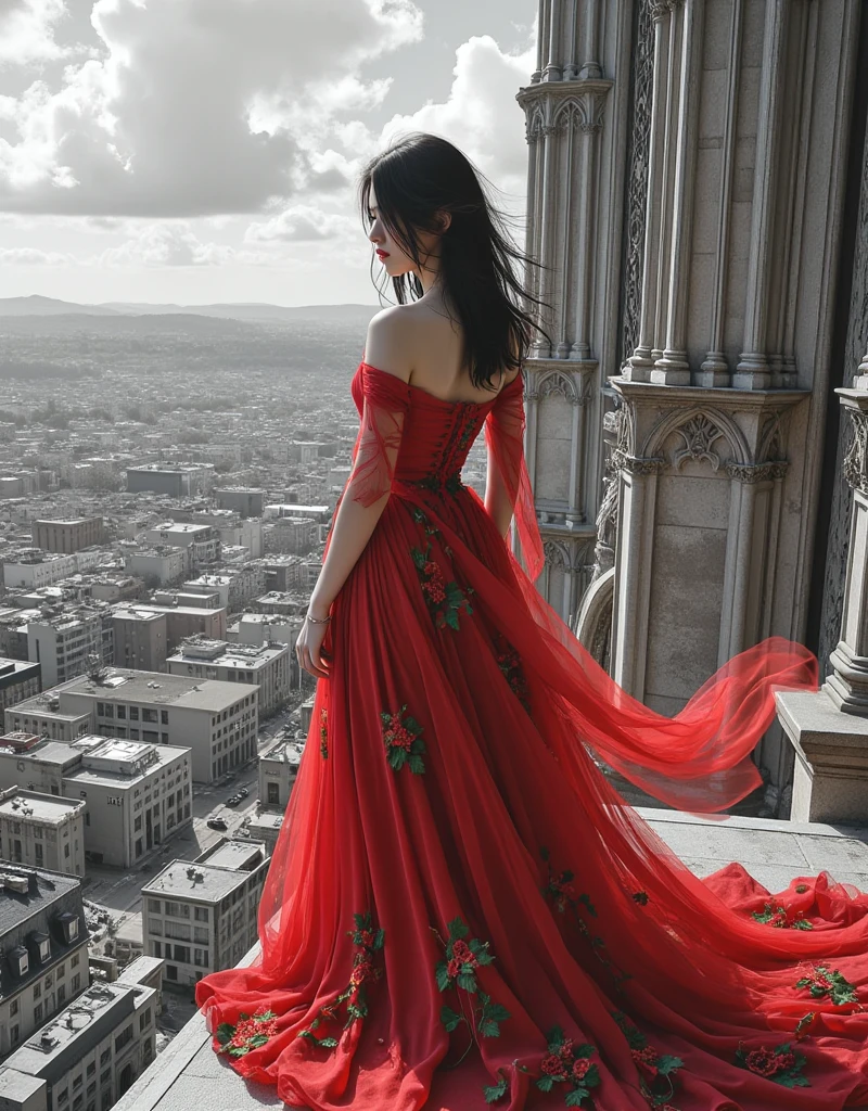 (Black and white illustration, only the dress is drawn in red - SeaArt AI