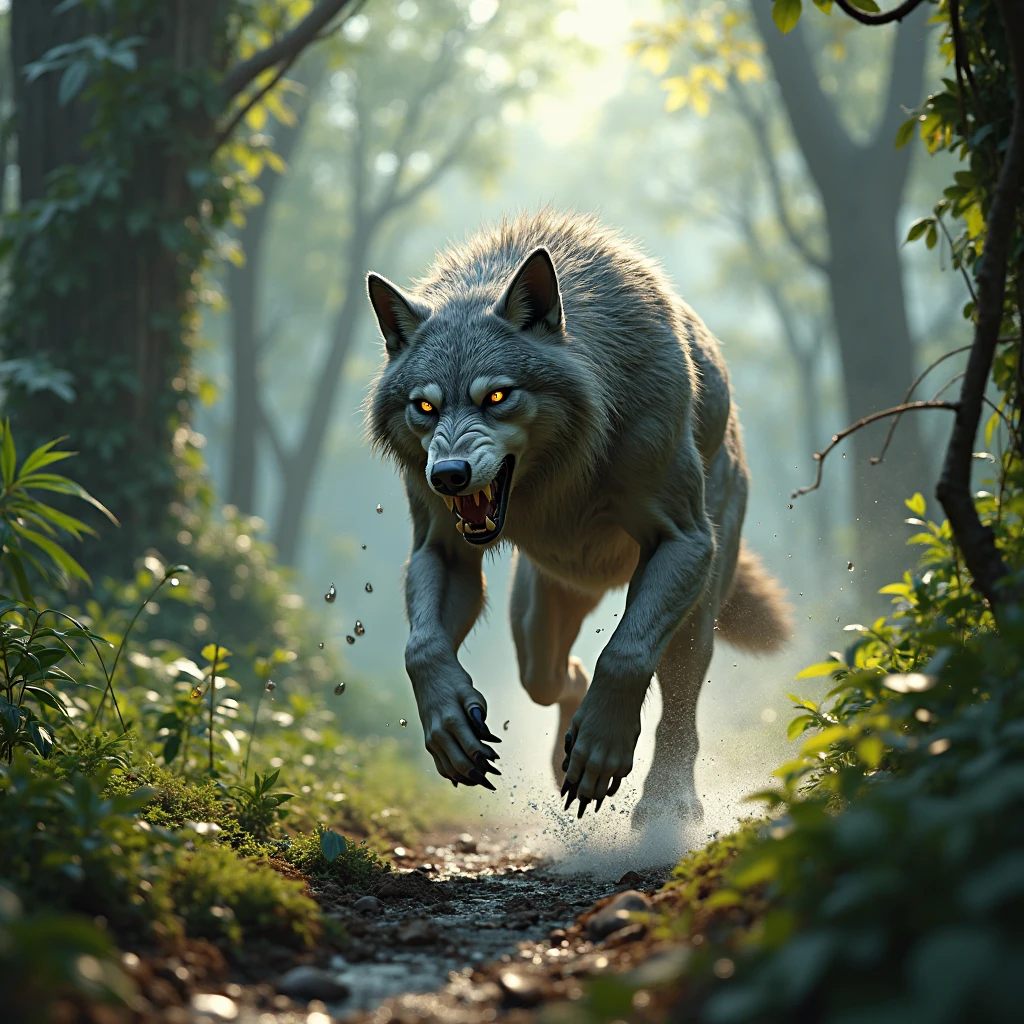 Werewolf running in slow motion towards the front in jungle - SeaArt AI