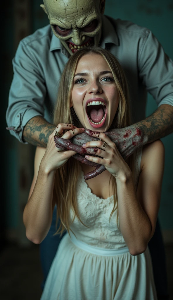 Behind view, She is looking back, a desperate woman with her mouth open ...