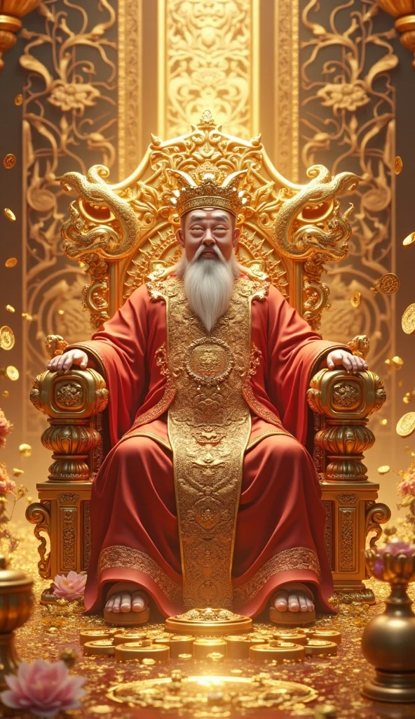 Chinese God of Wealth sitting on a colossal throne sculpted from liquid ...