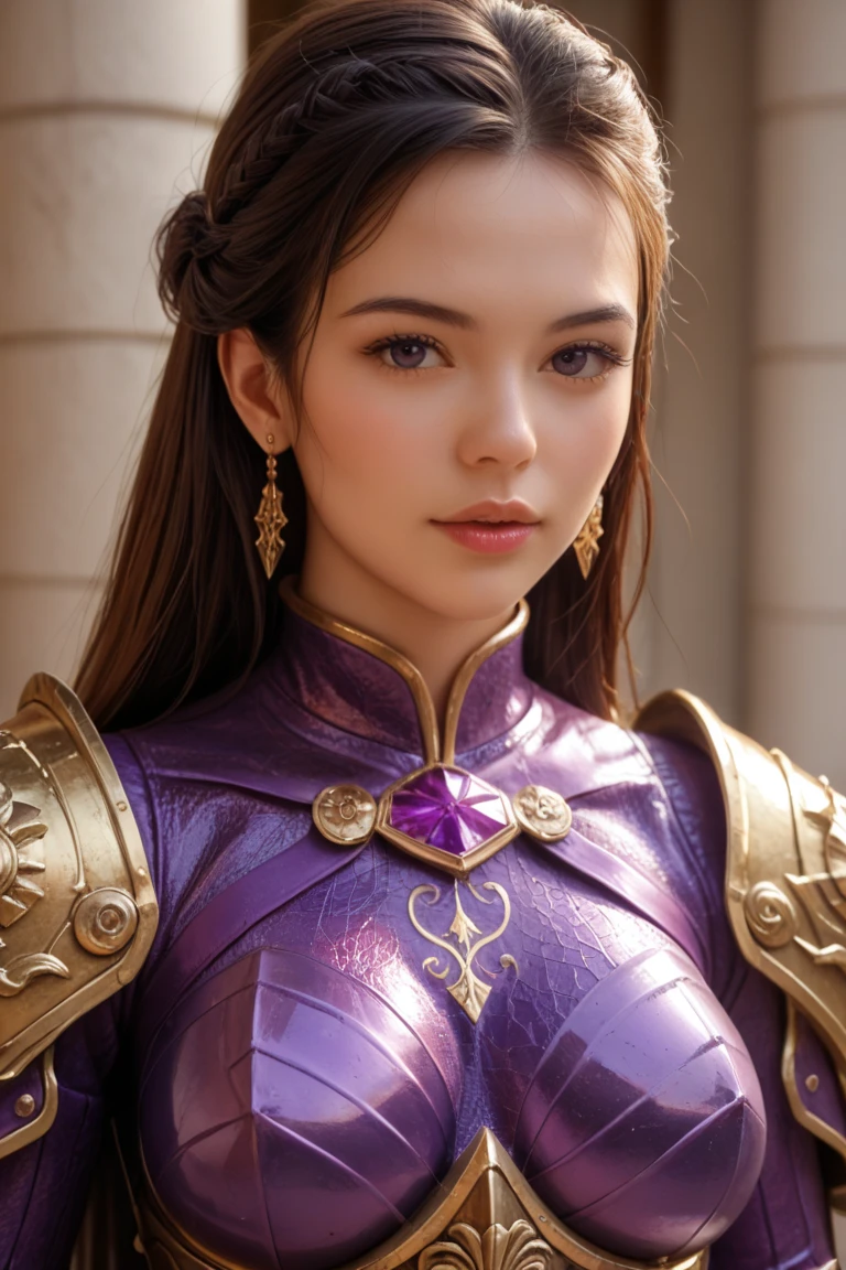Close up of woman in gold and purple dress, chengwei pan on artstation - SeaArt AI