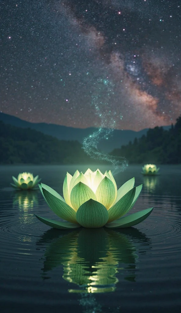 On the surface of a peaceful, tranquil lake, a few giant lotus buds ...