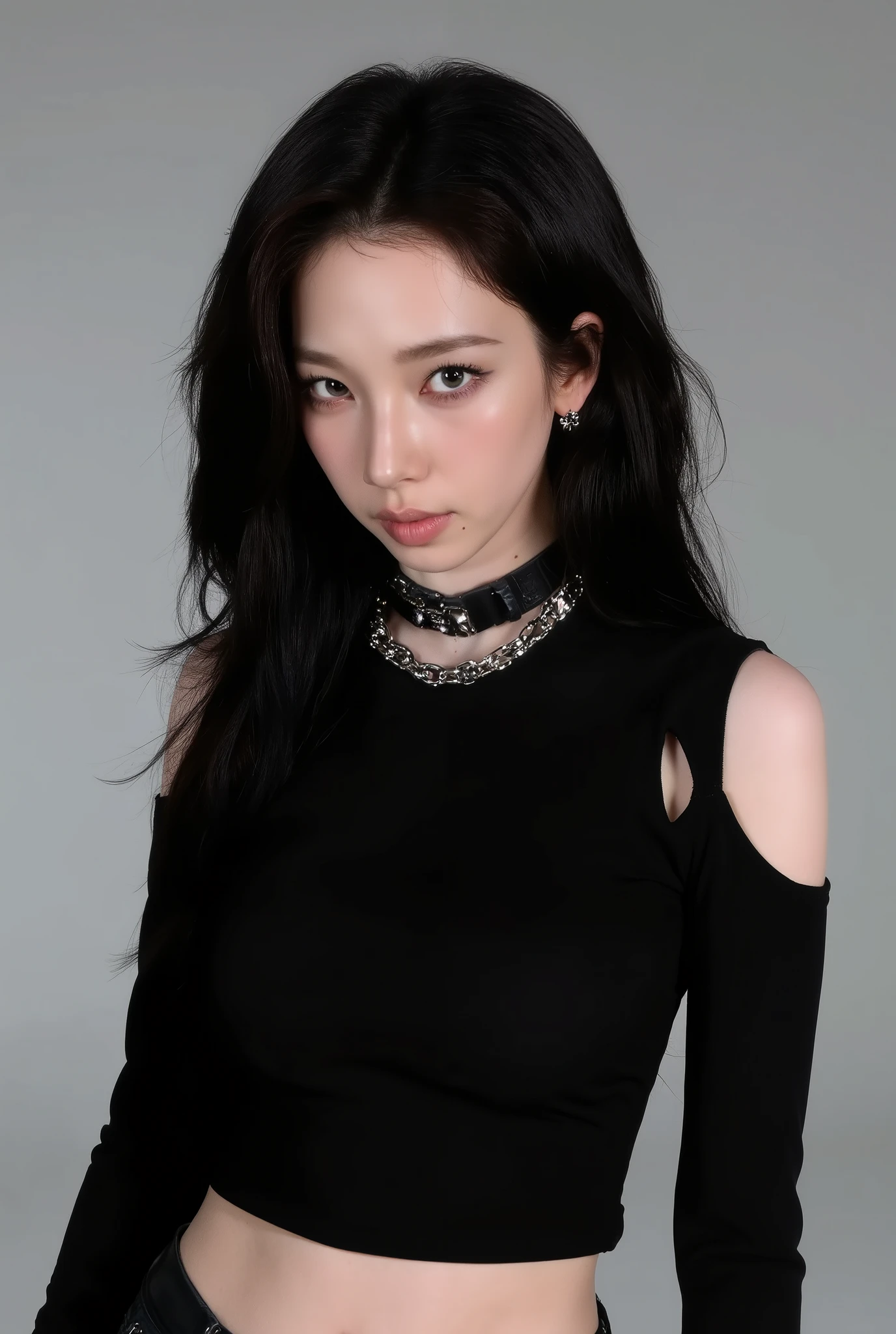 Arafed woman with long black hair wearing a black top and black pants ...