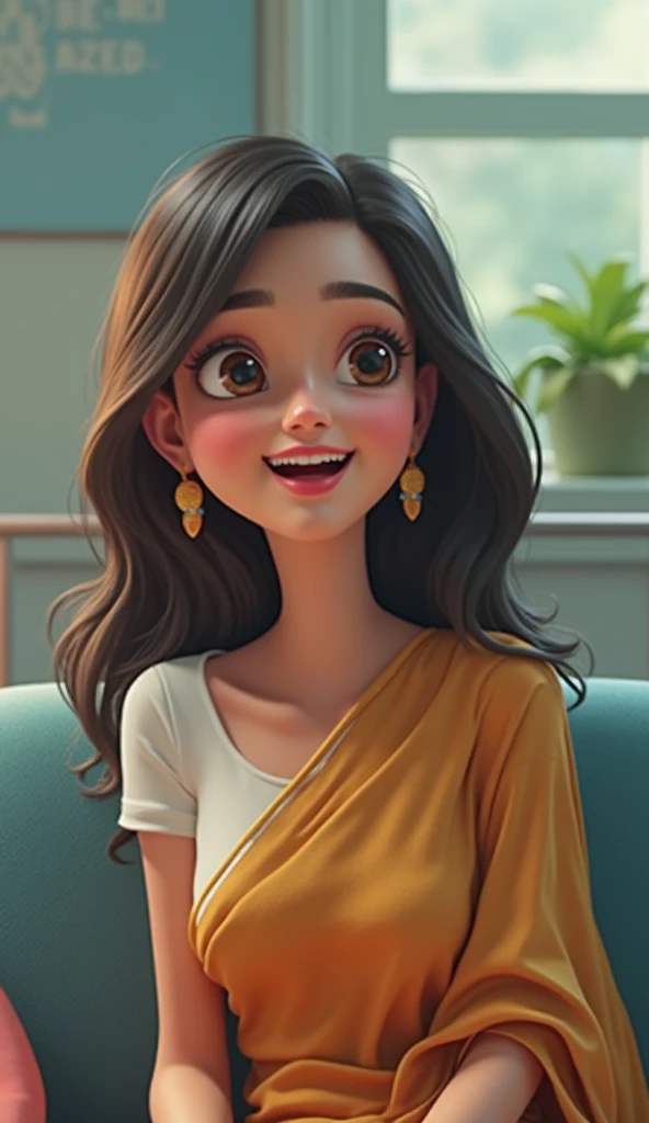 Close up a woman sitting on the sofa open the mouth in the hospital beside a man - SeaArt AI