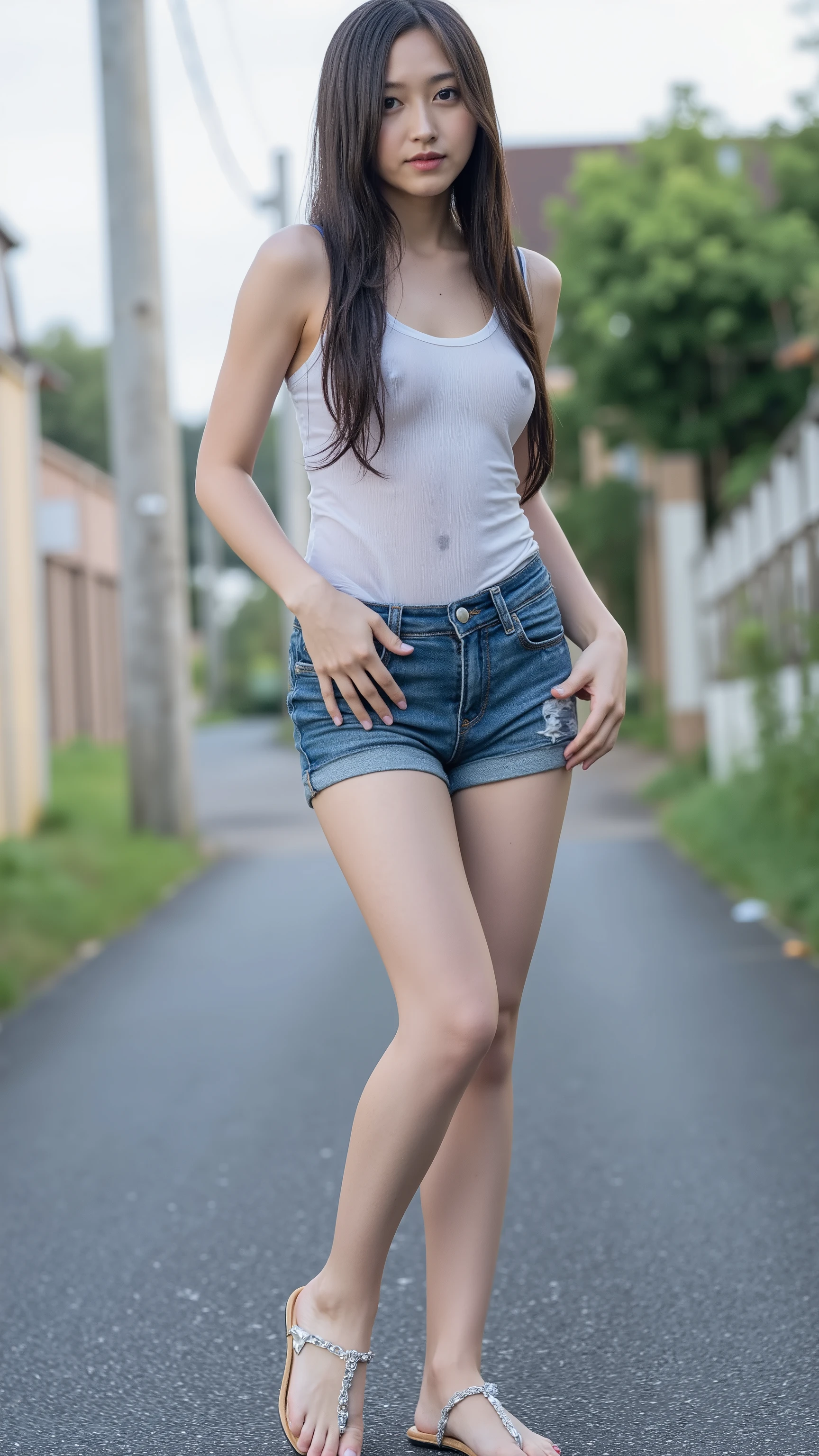 Arafed asian woman in white tank top and denim shorts posing on street - SeaArt AI