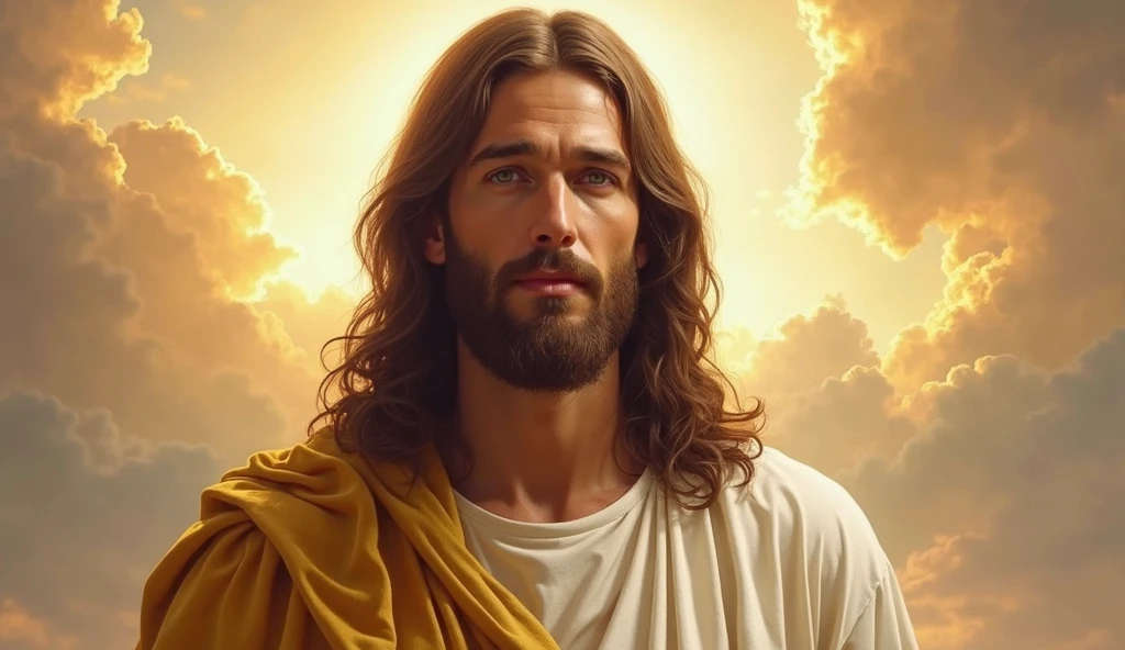 " A detailed portrait of Jesus Christ , represented with serene and ...