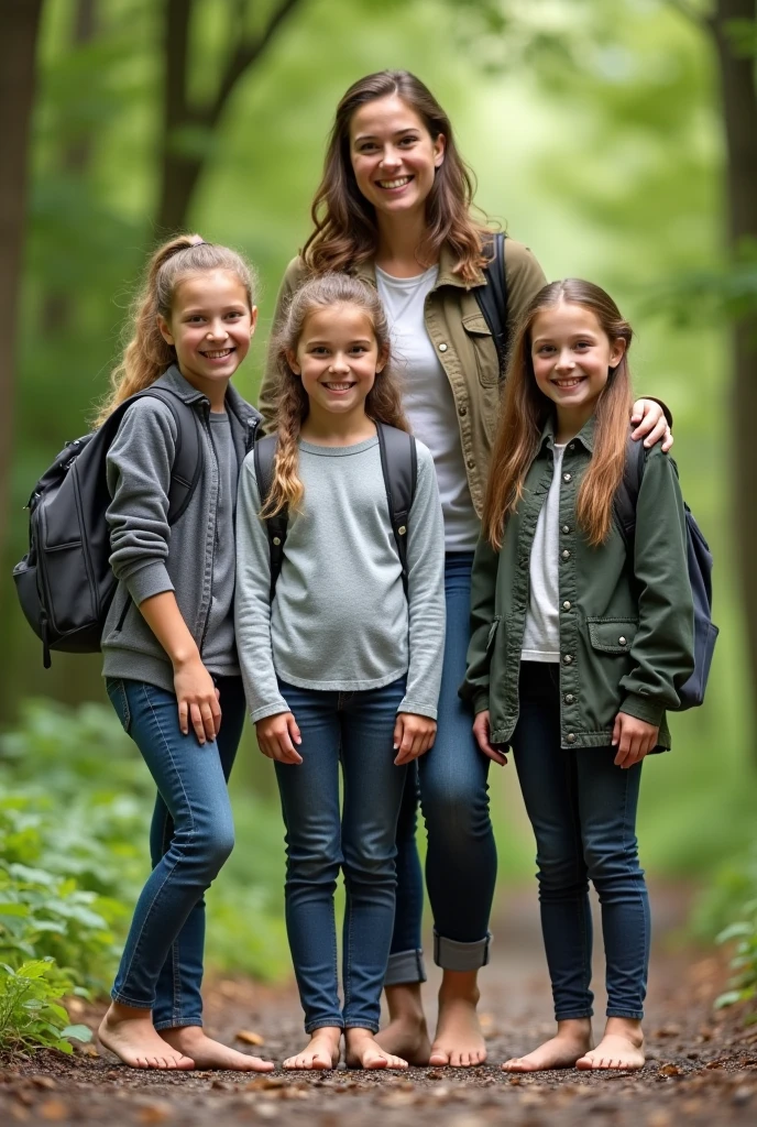 Realistic Photo Three Barefoot 14 Yo Schoolgirls And Barefoot Female