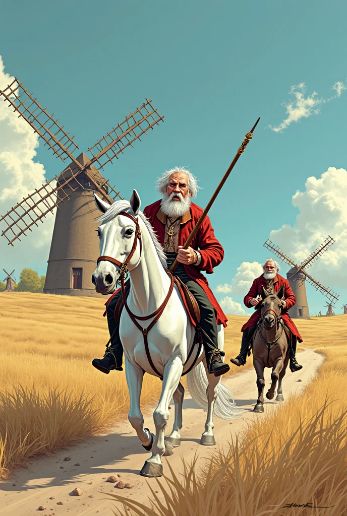 Draw a comic vignette of Don Quixote's adventure against windmills ...