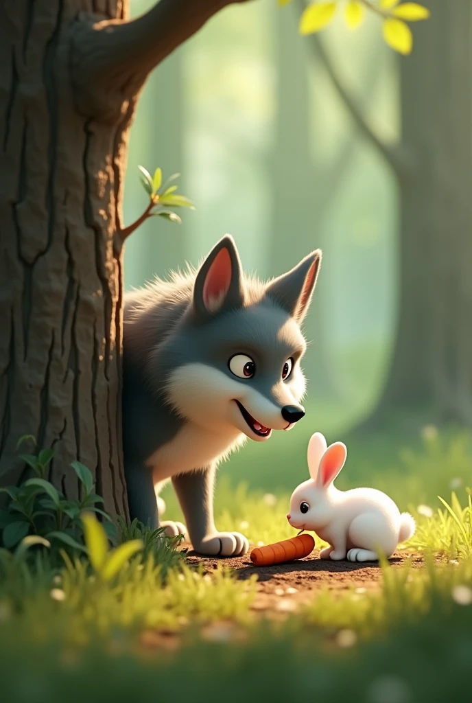 A 3D-rendered cunning wolf sneaking a rabbit and hiding behind a tree ...