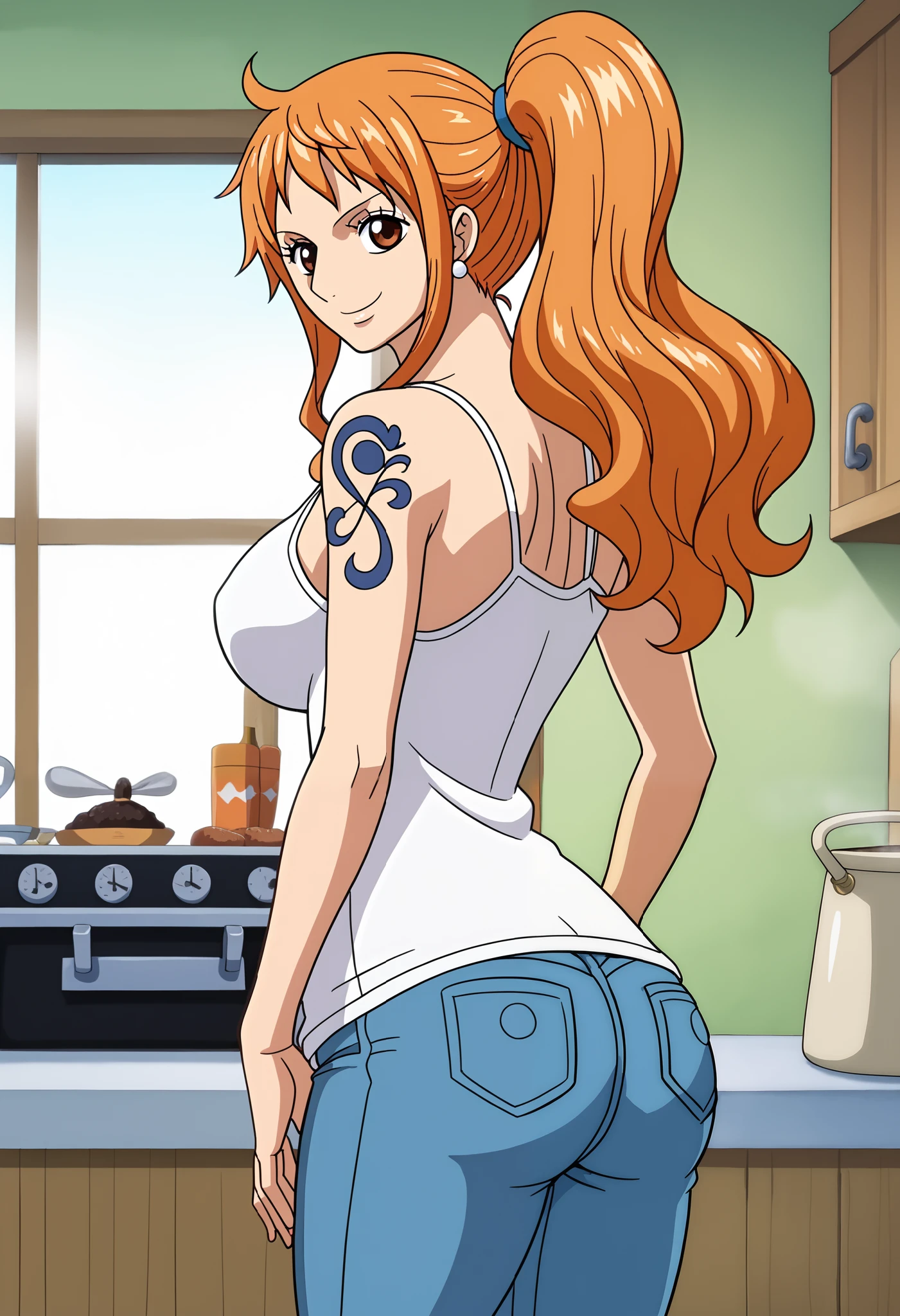 Anime girl with red hair and blue jeans in kitchen（nami (one piece ...