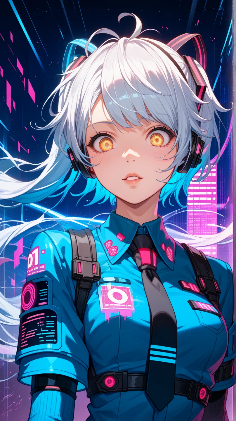 "A cyberpunk Vocaloid-style female character with long silver - SeaArt AI