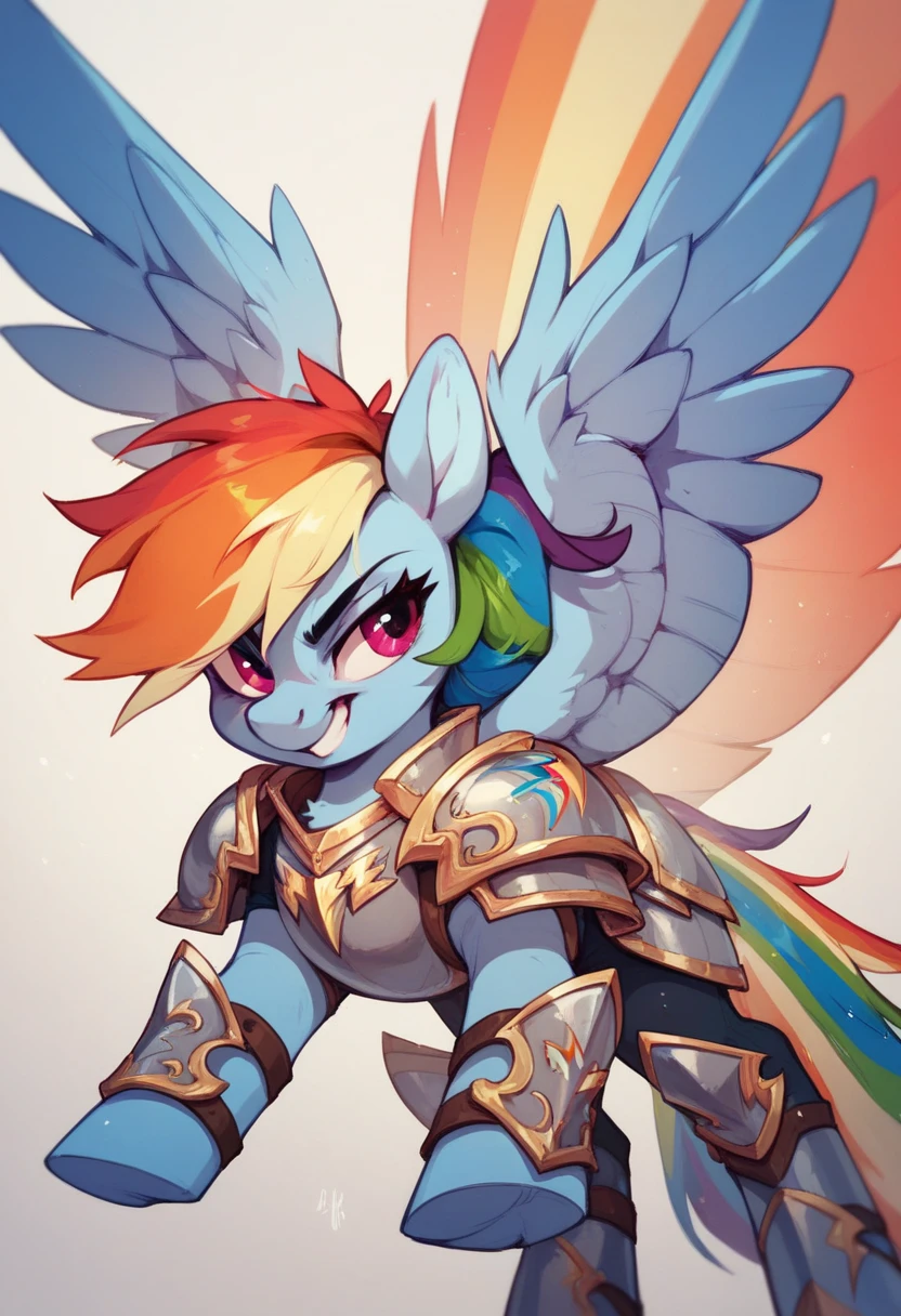 Rainbow dash, smiling, wearing a silver armor, long wings - SeaArt AI