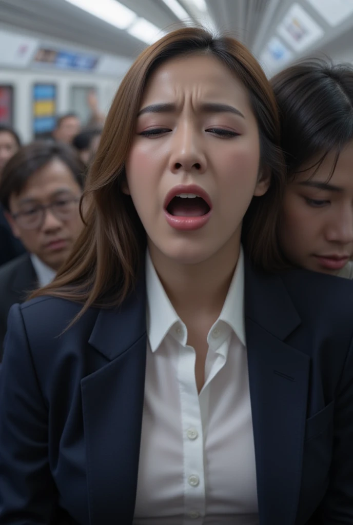 beautiful brown-haired woman closing her eyes and shouting - SeaArt AI